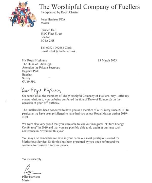 The Master's letter of congratulations to HRH The Duke of Edinburgh ...